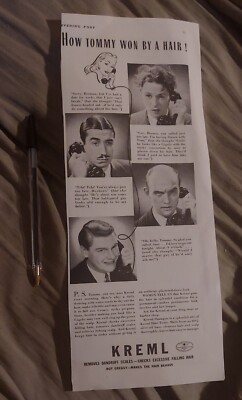 1939 print ad-Tommy won by a hair-Kreml removes dandruff-not greasy ...