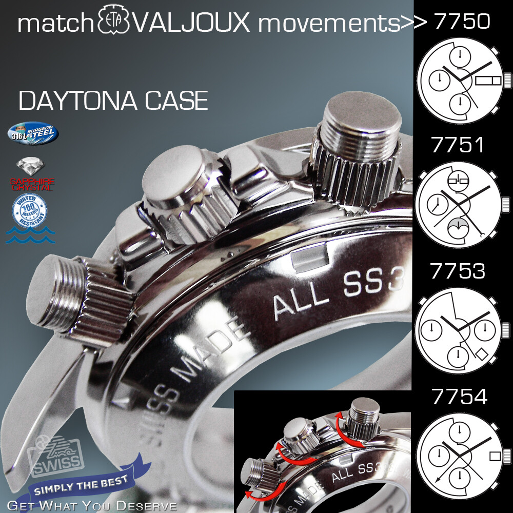 WATCH CASE DAYTONA,TACHYMETER, ETA VALJOUX 7750,7751, 7753,7754 ST ...