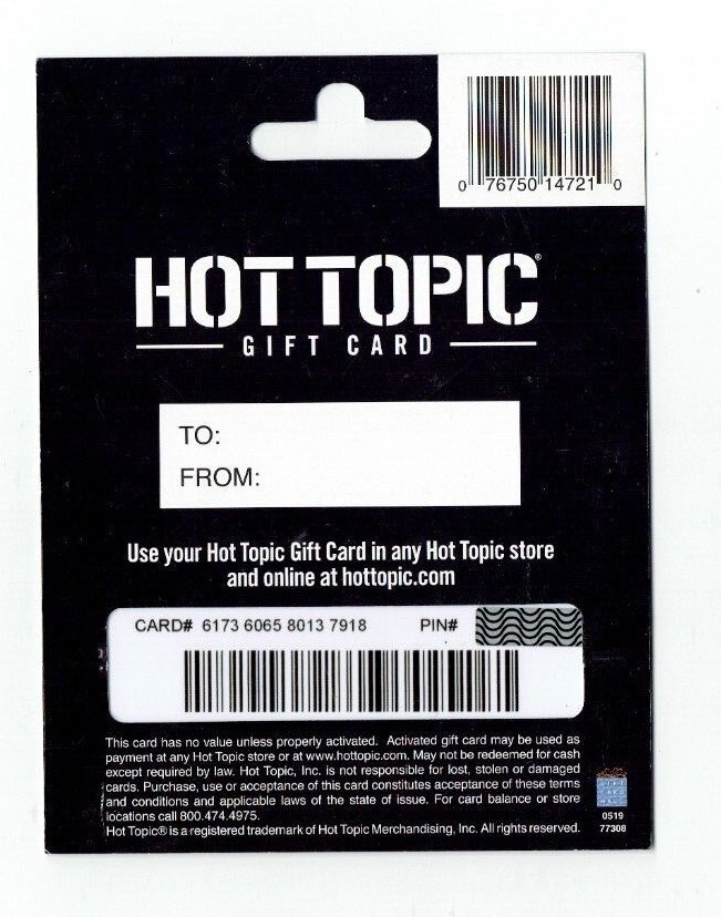 Hot Topic Gift Card - Music, Pop Culture - on Backing - Collectible ...