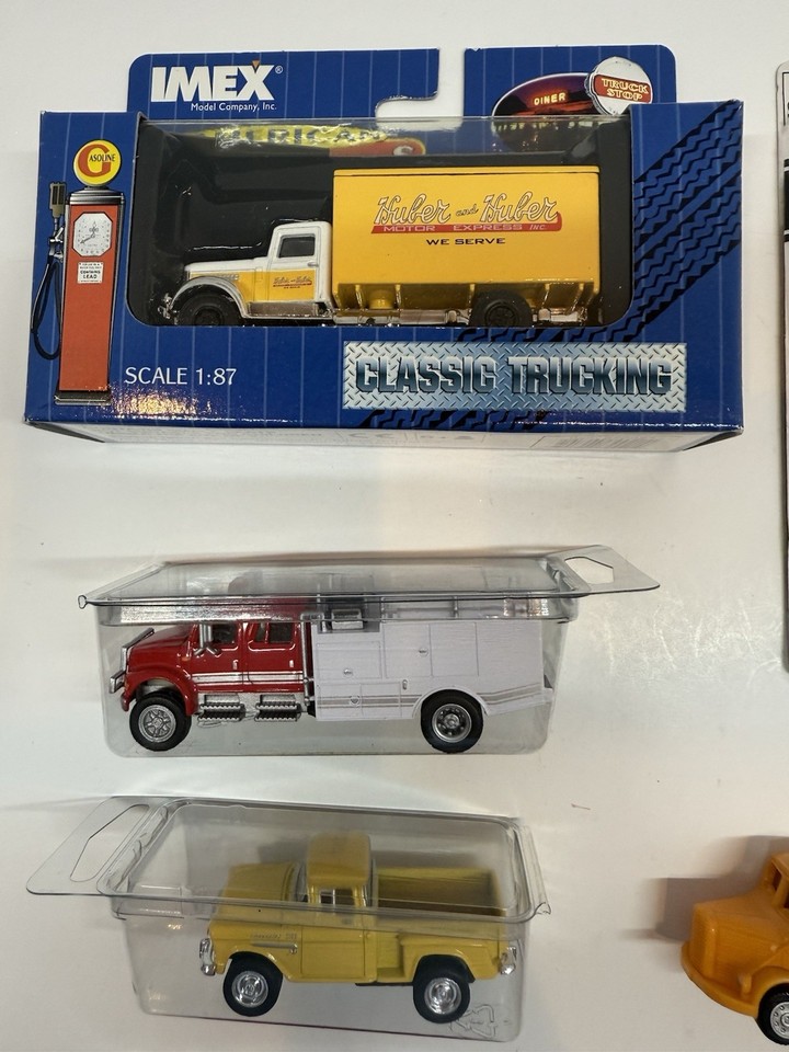 Lot Of HO scale trucks, cars, bus, crane. KinsMart, Boley, Imex and ...