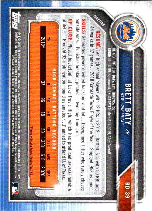 2019 Bowman Draft Brett Baty #BD-39 New York Mets 1st Bowman Paper | eBay