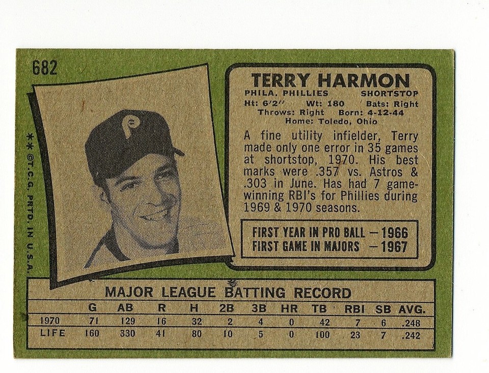 1971 TOPPS PHILADELPHIA PHILLIES TERRY HARMON #682 EX HIGH # | eBay