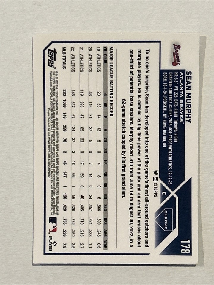 2023 Topps Chrome Signed Auto Sean Murphy Atlanta Braves #178 | eBay