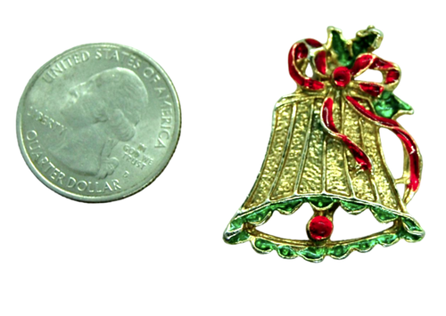 Vintage Christmas Bell Lapel Hat Pin Holiday Red Green Gold Tone Ribbon ...