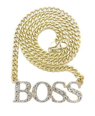 Mens Hip Hop Gold Chunky Large BOSS Pendant Necklace, 8mm 30" Cuban ...