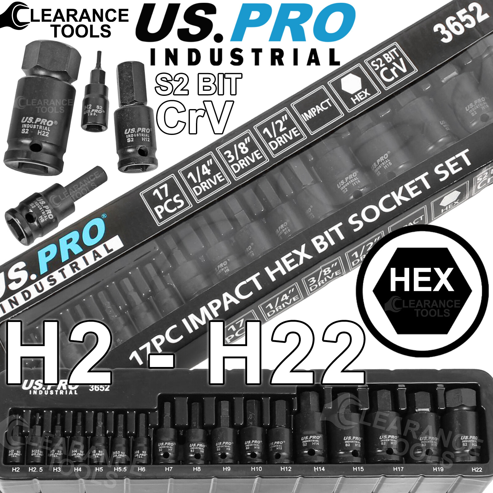 US PRO INDUSTRIAL IMPACT HEX BIT SOCKET SET H2 - H22 1/4" 3/8" 1/2"dr ...