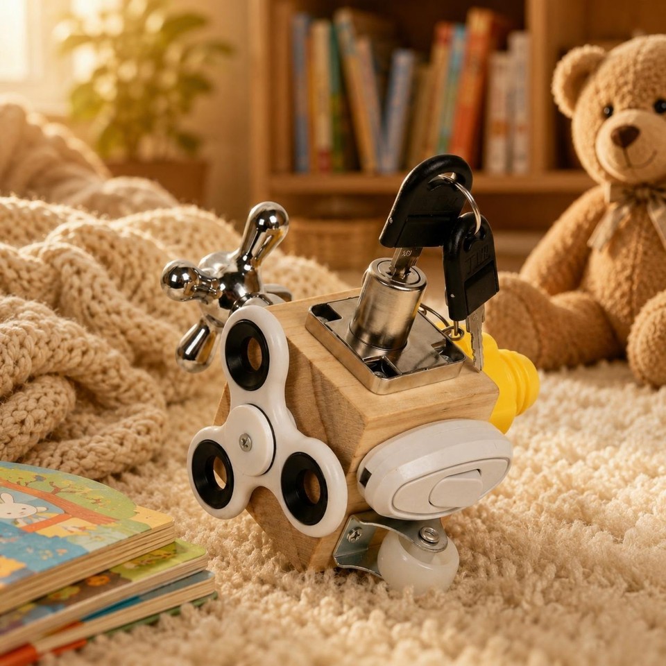 Wooden Busy Cube Safe Rounded Edges Key and Lock Toy Fine Movement ...