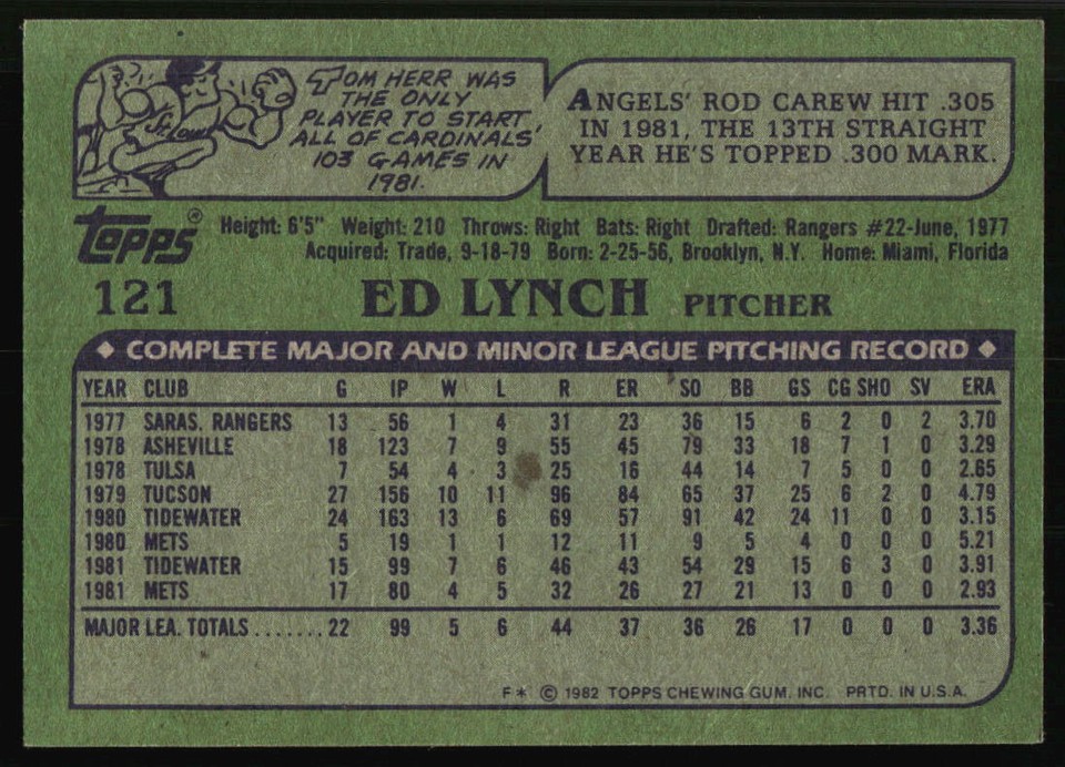1982 Topps Ed Lynch Rookie #121 New York Mets | eBay