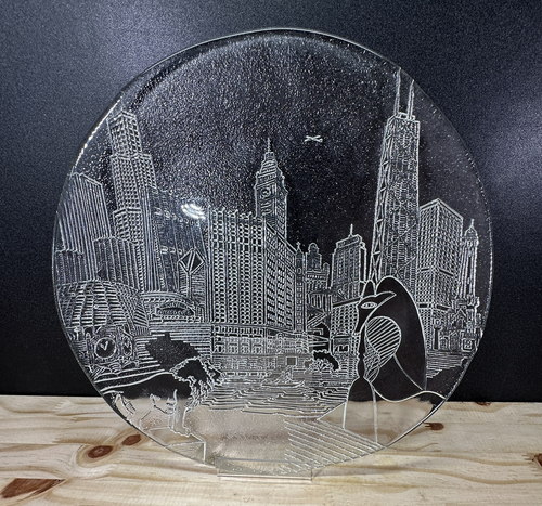 Chicago Skyline Wrigley Field Etched Pilgrim Glass Serving Platter 12 ...