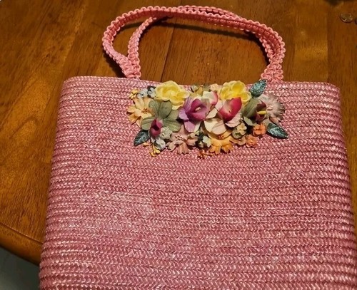 Pink Cappelli Straw Purse Woven Flower Accent Double Handles | eBay