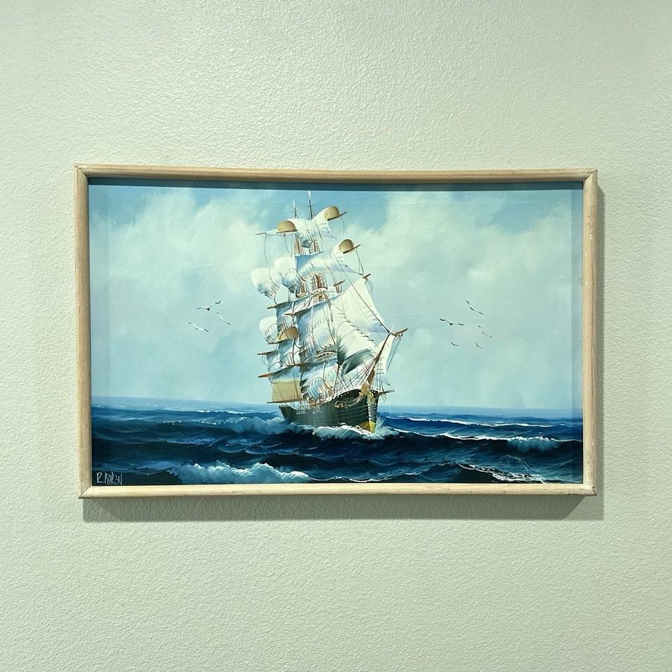 Clipper Sail Ship in Rough Seas Signed by R. Boren Nautical Oil ...