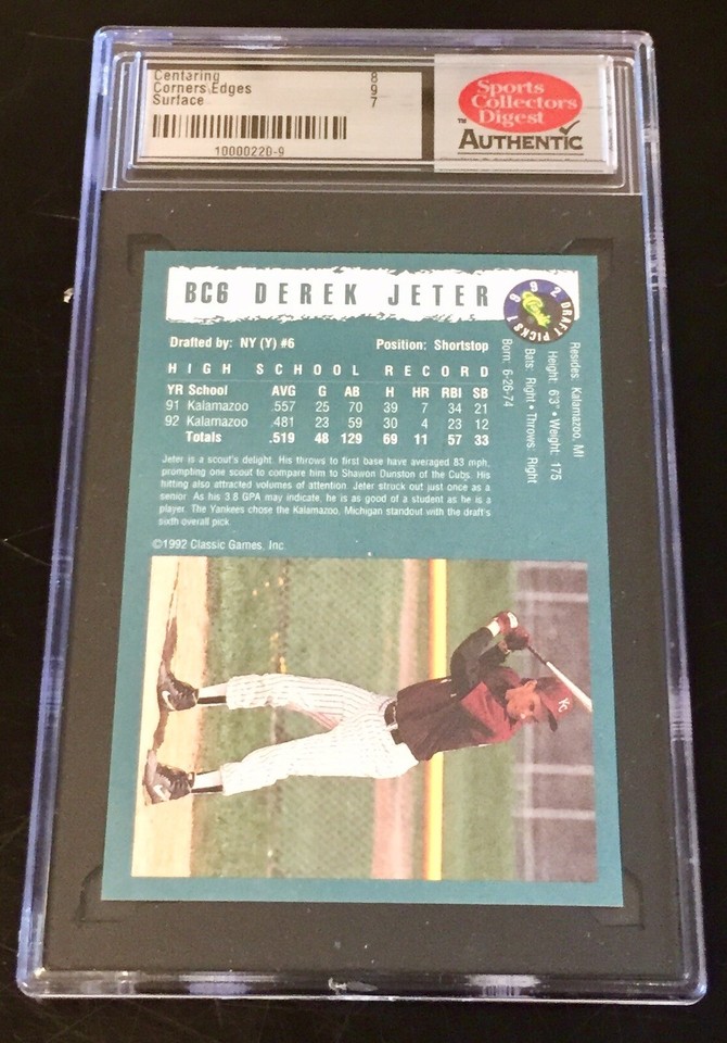 1992 Classic Draft Picks #BC6 Derek Jeter Foil Bonus RC SCD 8 Yankees ...