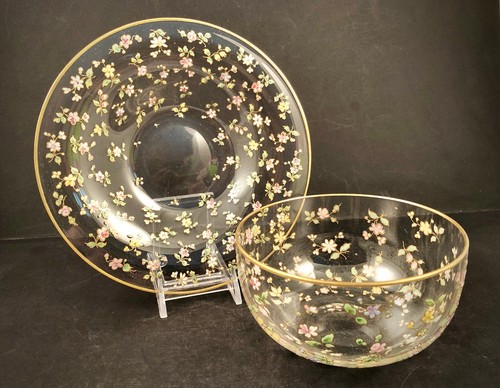 Antique Bohemian Glass Bowl & Under Plate, Raised Enamel Flowers, Hand ...