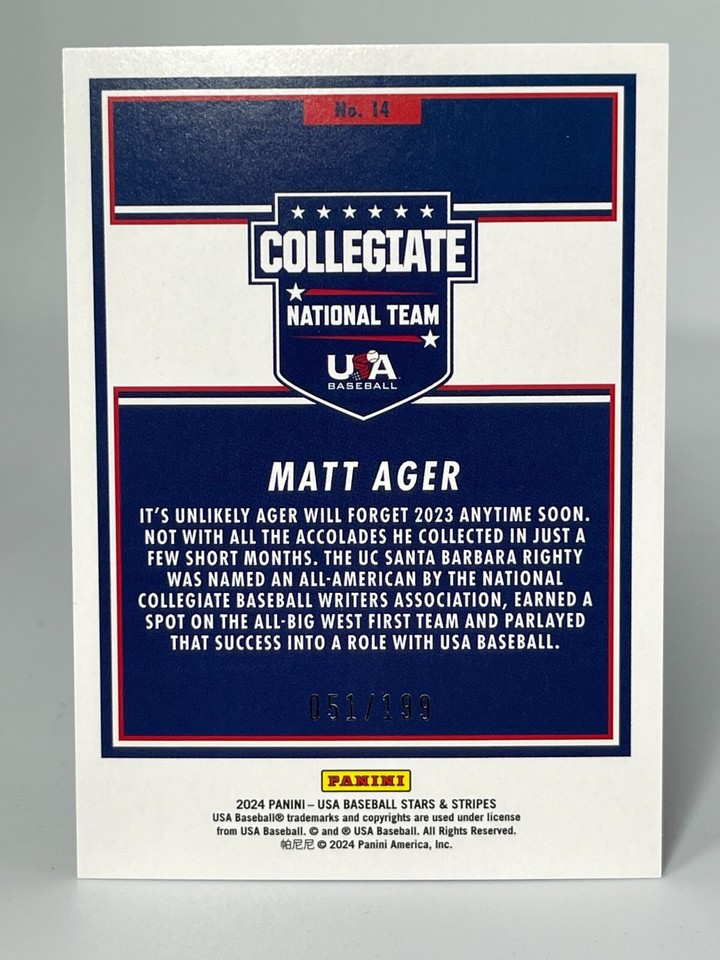 2024 Panini USA Stars & Stripes MATT AGER #14 Red Parallel 051/199 | eBay