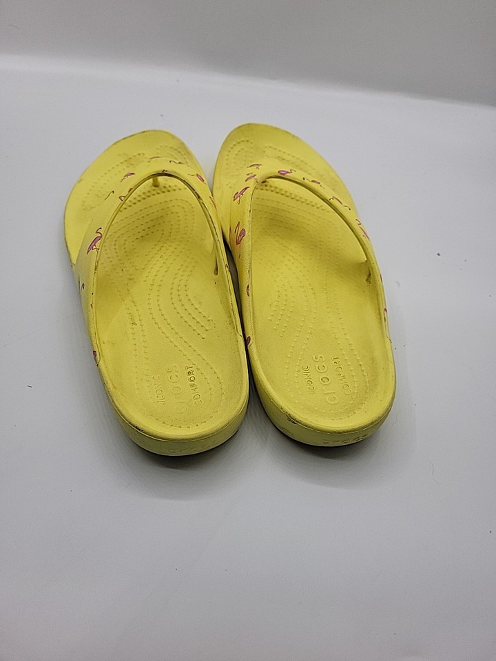 Crocs neon yellow w pink flamingos women’s size 9 flip flops sandals | eBay
