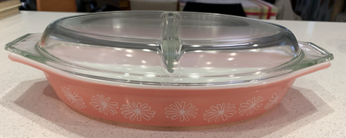 RARE Vintage Pyrex Pink Daisy Split Divided Casserole Dish 1 1/2 Qt. w ...