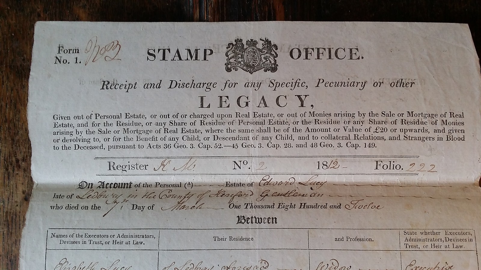 1812 ORIGINAL ANTIQUE STAMP OFFICE LEGACY FORM - EDWARD LUCY - LEDBURY ...