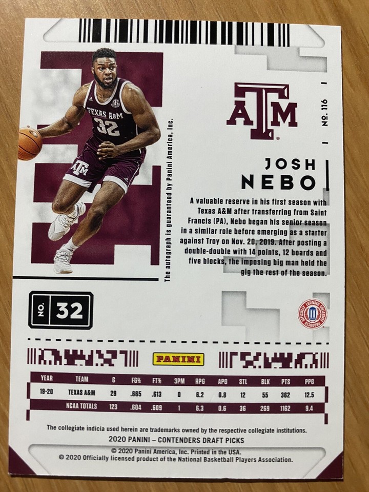 JOSH NEBO 2020-21 Panini Contenders Draft Card #116 PROSPECT TICKET ...