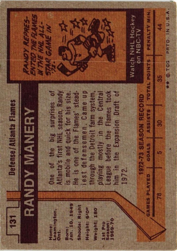 RANDY MANERY 1973-74 Topps Hockey #131 FREE SHIP 50% OFF SALE ...