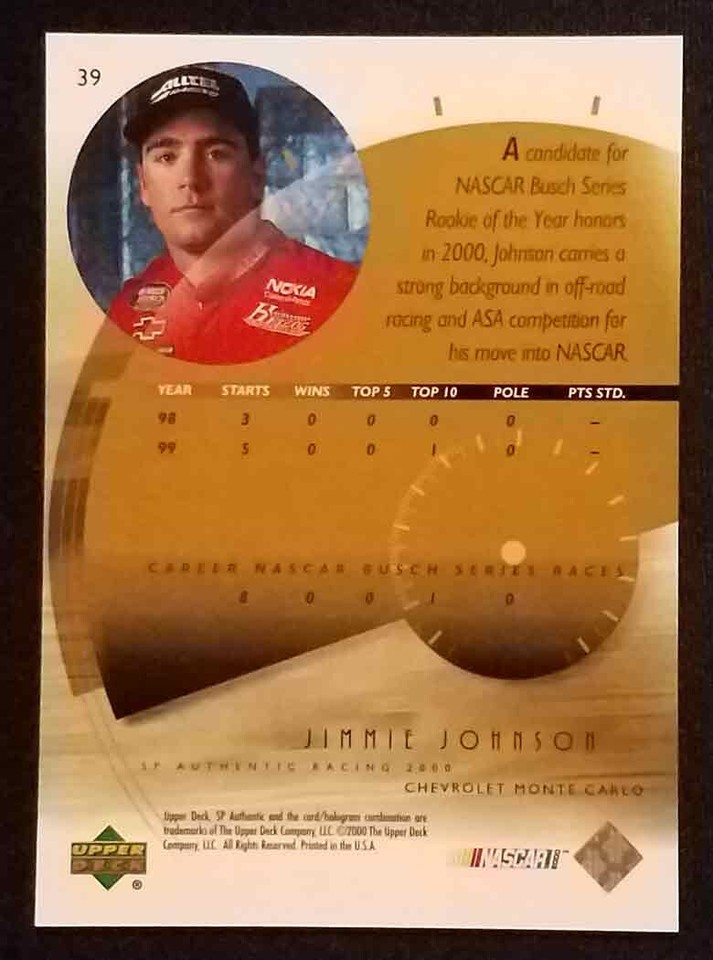 2000 SP Authentic #39 Jimmie Johnson Rookie RC NASCAR (HOF) NM-MINT++ ...