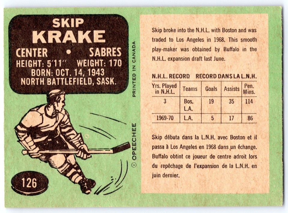 SKIP KRAKE 1970-71 O-PEE-CHEE 70-71 NO 126 NRMINT+ 53451 | eBay