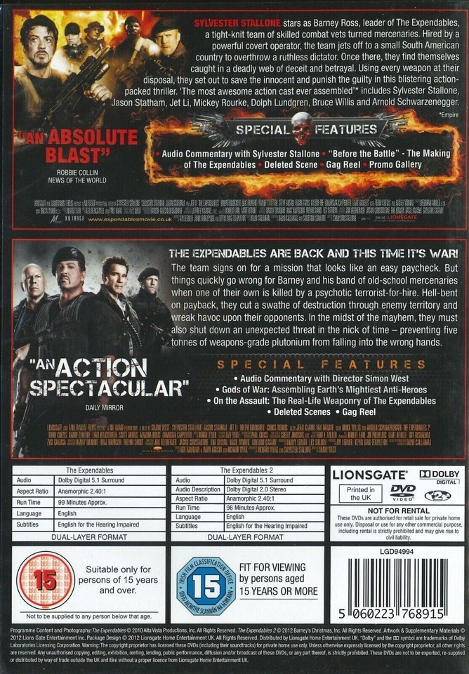 The Expendables 1 & 2 (2012) DVD, 2-Film Set, Sylvester Stallone, Jason ...