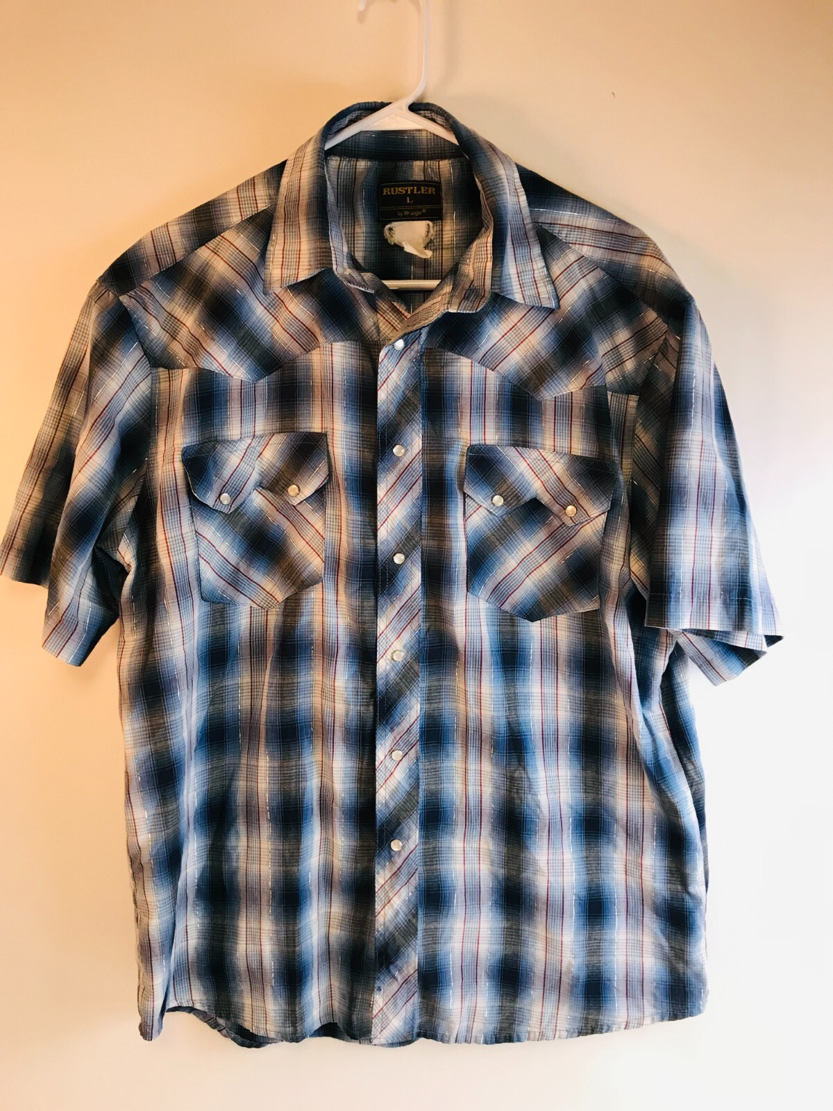 RUSTLER by Wrangler Shirt Men's Size L Blue Gray Plaid Metallic Western ...