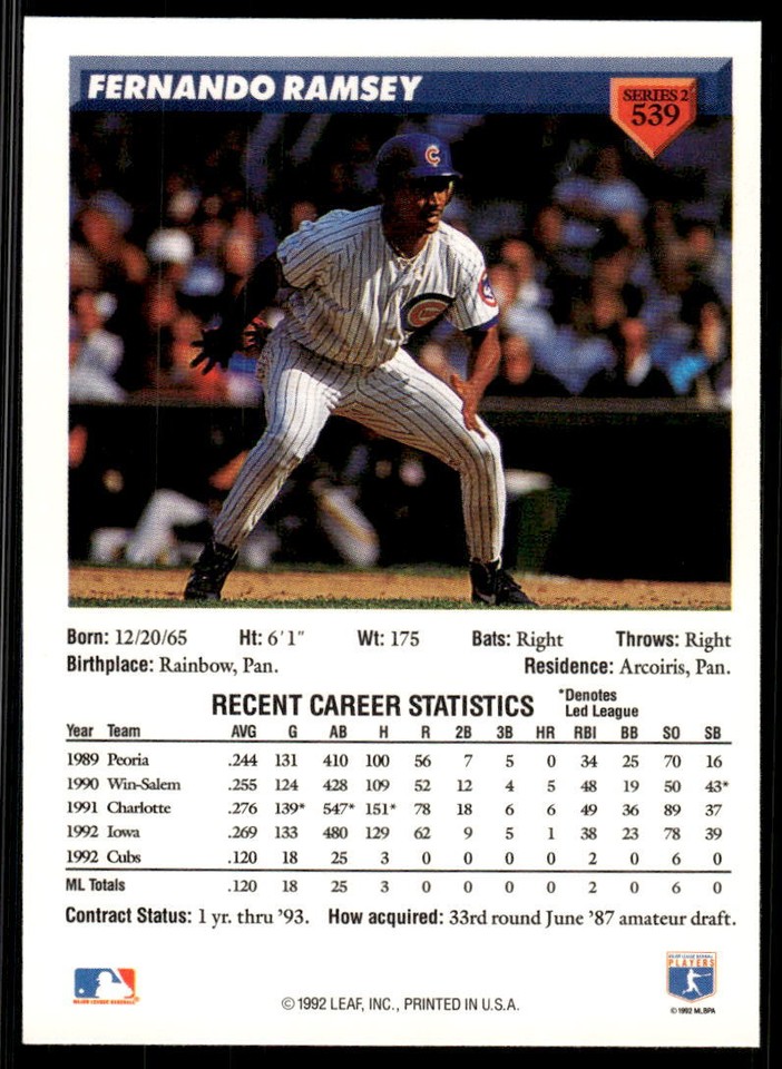 1993 Donruss Rated Rookies 539 Fernando Ramsey Chicago Cubs Baseball ...