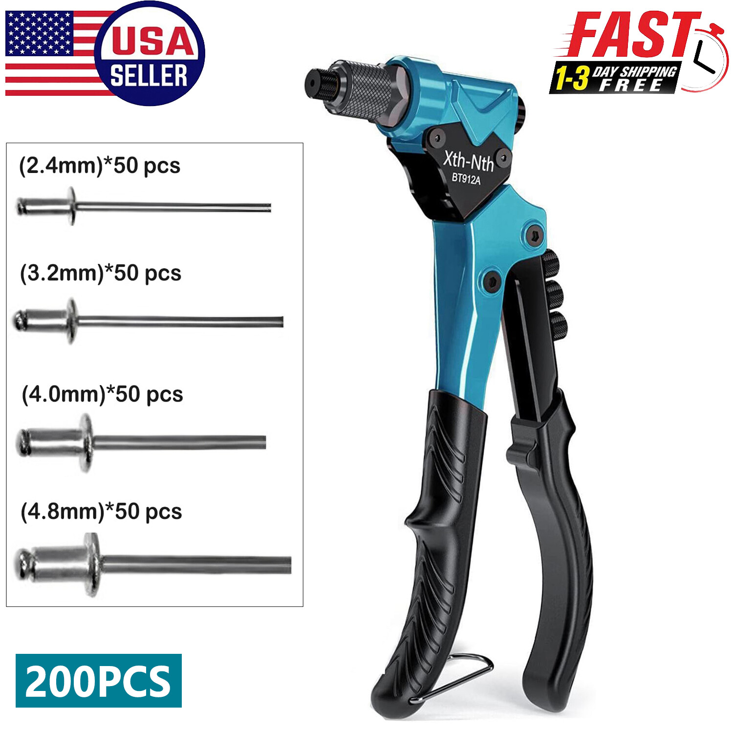 11" Rivet Gun Kit 200 Rivets 4-in-1 Hand Riveter Tool-Free ...