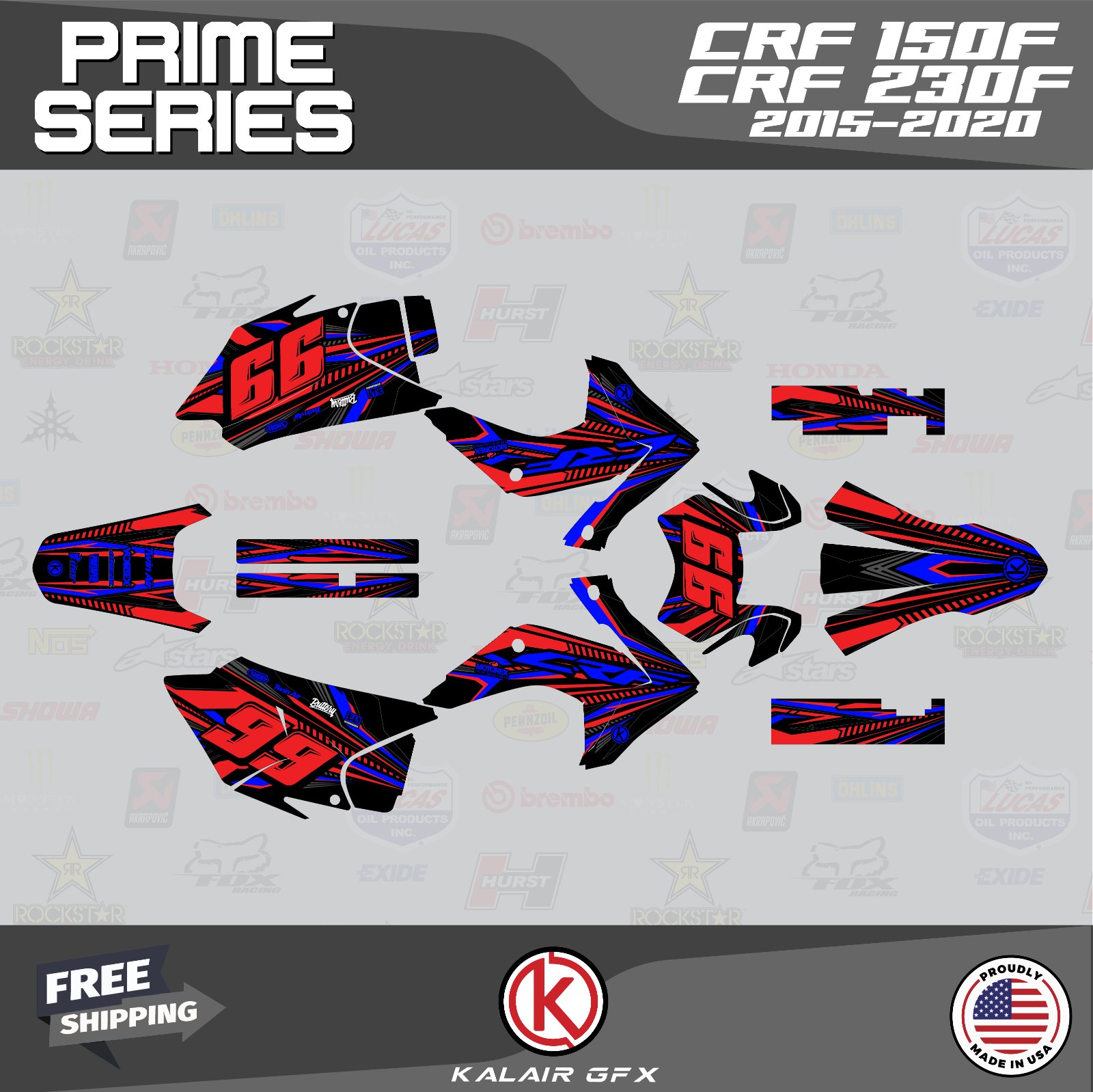 Graphics Kit for HONDA CRF150F CRF230F (2015-2020) Prime - Red Blue | eBay