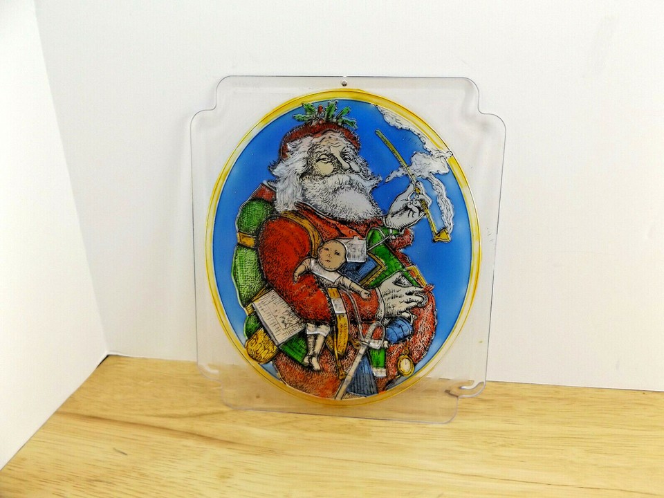 Vtg Christmas Large Plastic Sun Catcher Santa Clause Smoking A Pipe ...