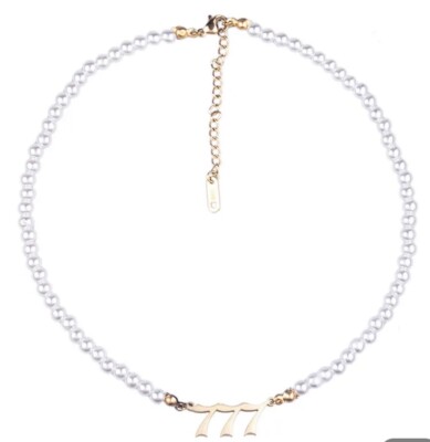 777 Lucky Angel Number Charm Gold Plated Ladies Pearl Chain Necklace ...