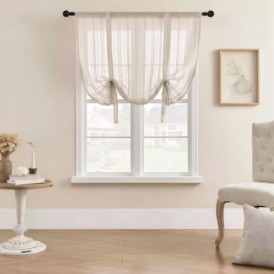 Beige Striped Sheer Curtain Tie Up Balloon Curtain for Kitchen Bathroom ...