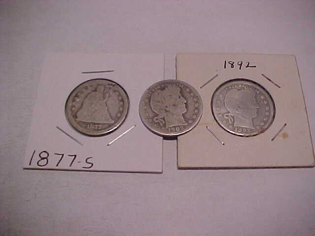 3 90% Silver US Quarters 1877-S, 1892 & 1903-O In circulated condition ...