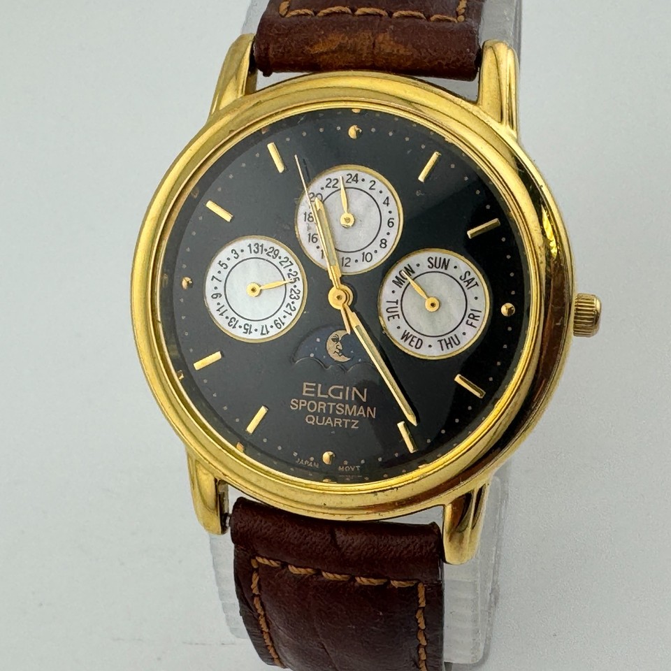 Vintage Elgin Quartz Watch Men Moon Phase Gold Tone Leather Day Date ...