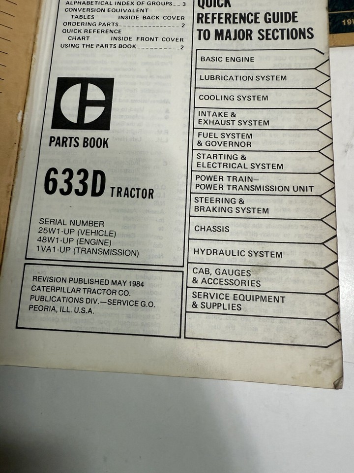 Cat Caterpillar 633D Wheel Tractor Parts Book/ Operation Manual s/n ...