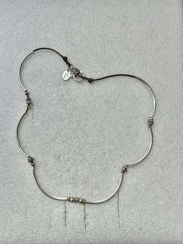 LIZZY JAMES Silver Tone & Leather Hand Made USA Bar Bead 20” Necklace ...