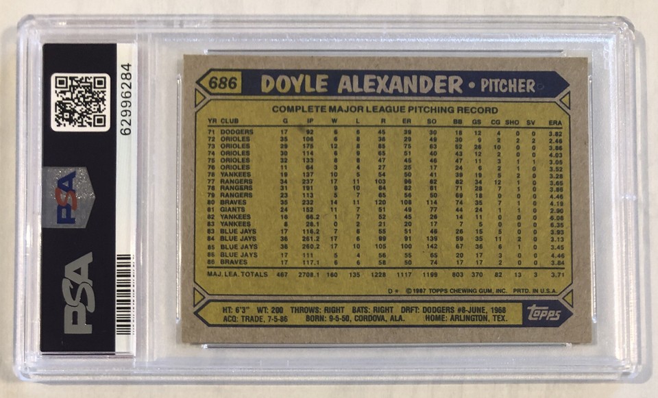 1987 Topps Doyle Alexander #686 PSA 8 NM-MT Dodgers Yankees Tigers | eBay