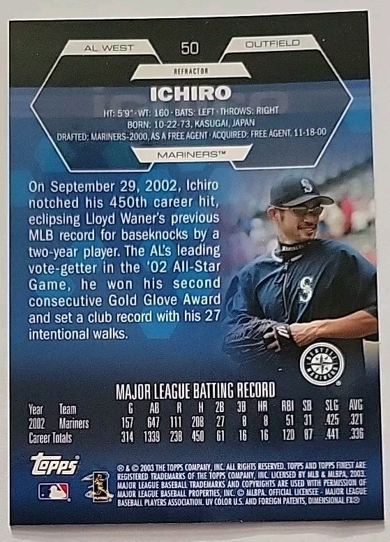 2003 TOPPS FINEST ICHIRO SUZUKI REFRACTOR #50 SEATTLE MARINERS YANKEES ...