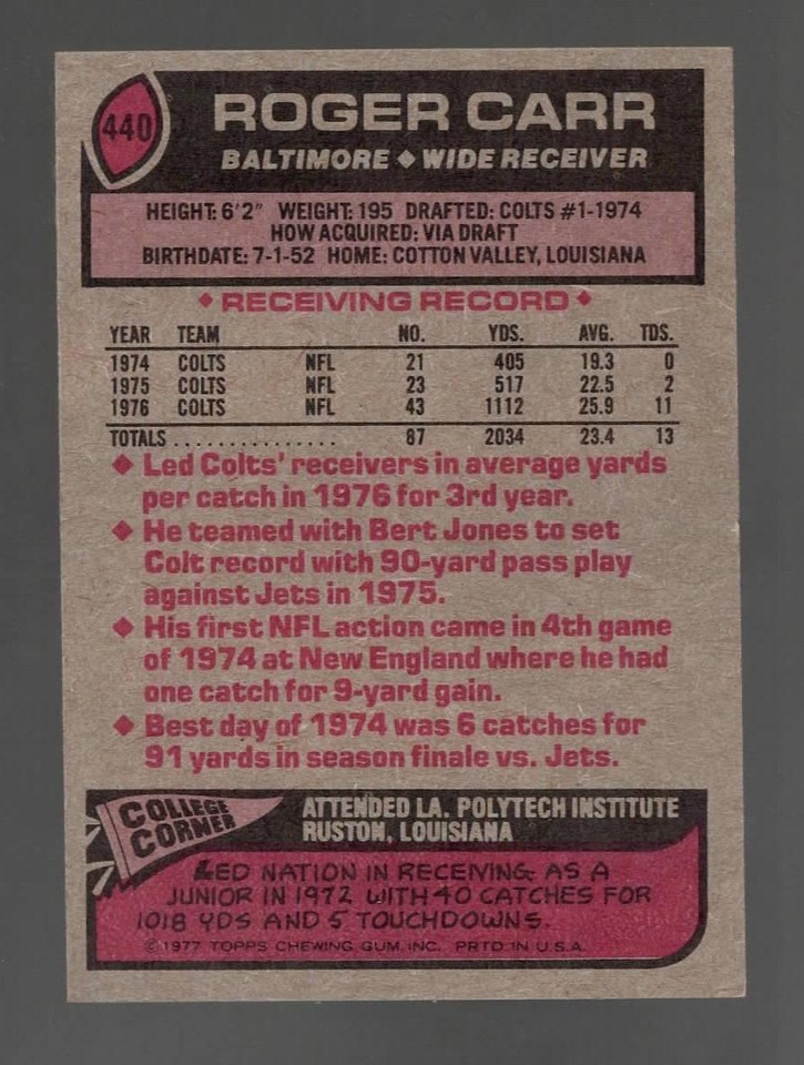 1977 Topps Roger Carr Baltimore Colts #440 Excellent | eBay