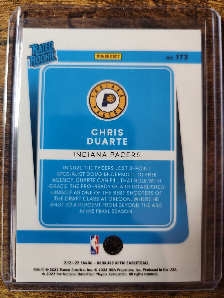 2021-22 Donruss Optic Chris Duarte Rated Rookie RC #173 Indiana Pacers ...