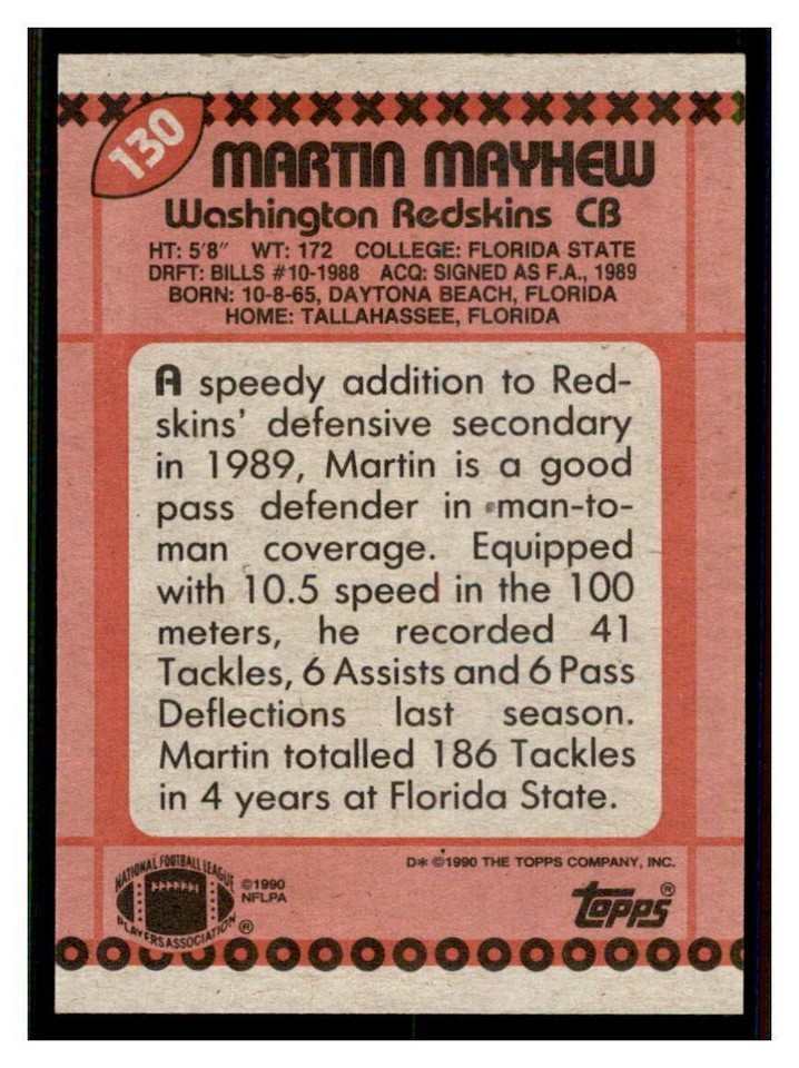 1990 TOPPS NFL Football ROOKIE Card #130 🏈 MARTIN MAYHEW, Washington ...