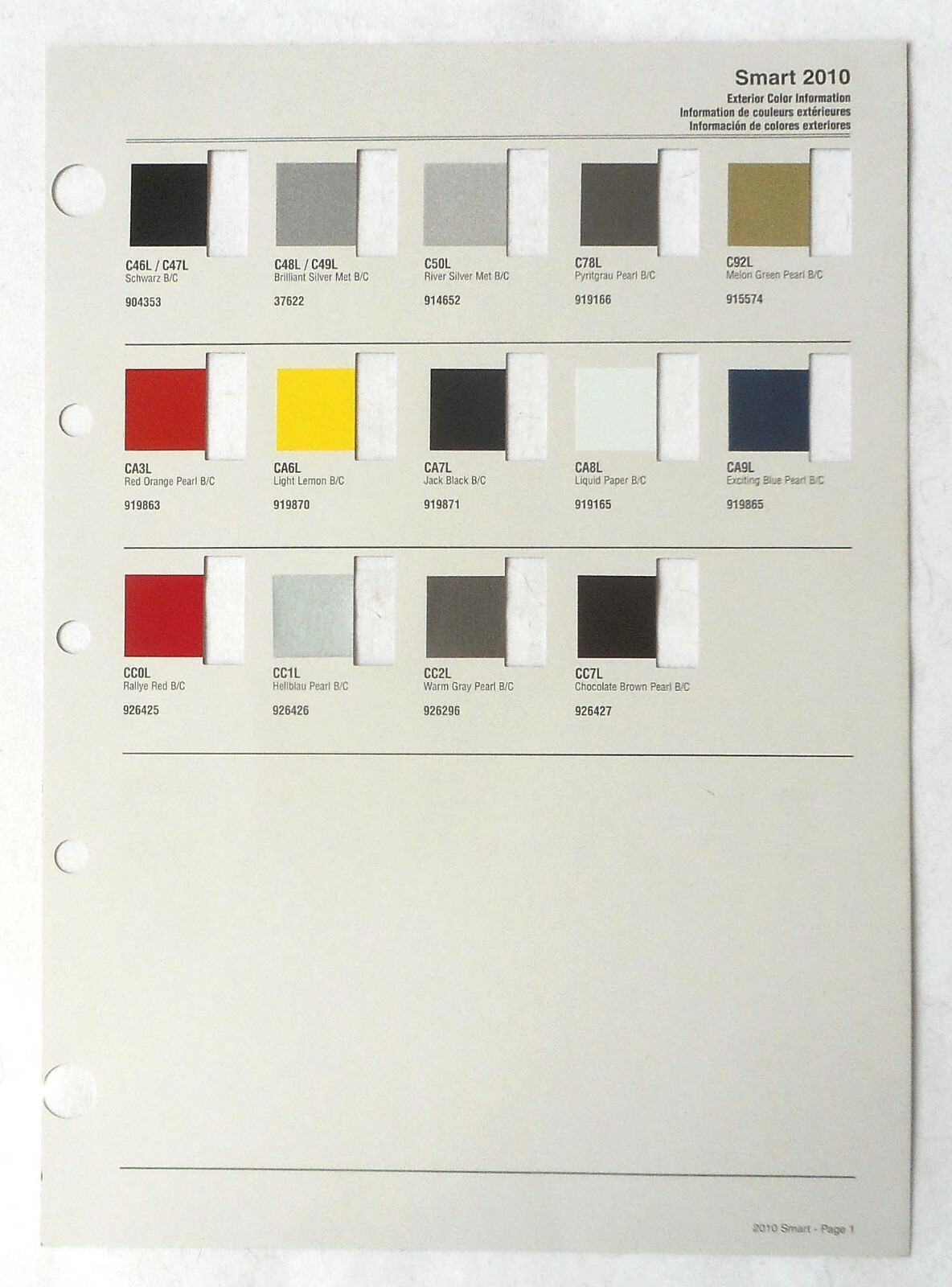 2010 SMART CAR PPG COLOR PAINT CHIP CHART | eBay