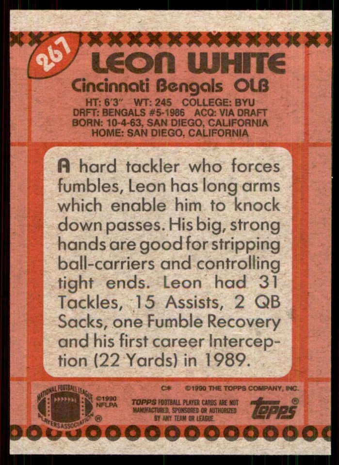 1990 Topps Leon White Football Cards #267 | eBay