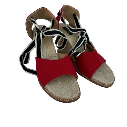 New Kate Spade Red Canvas Jute Open Toe Ribbon Tie Espadrilles Wedge ...