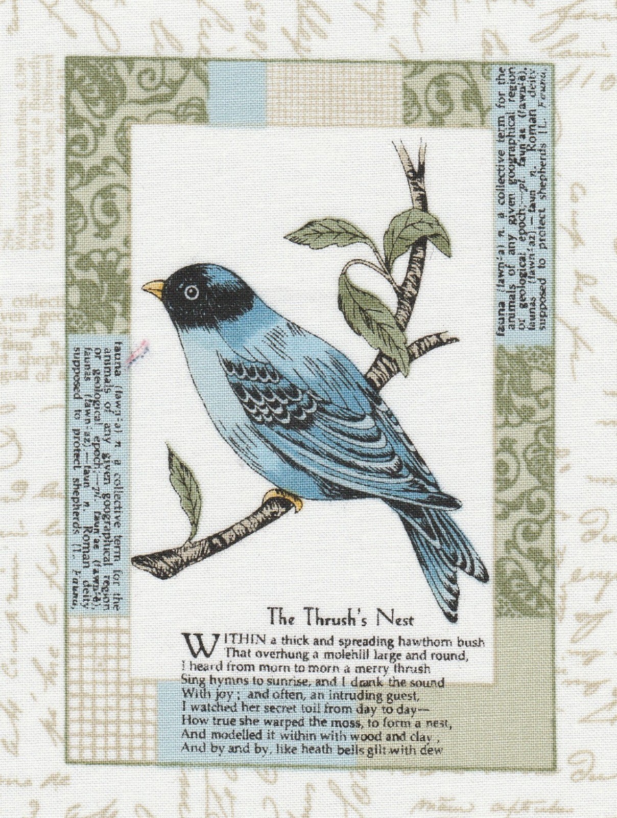 Fabric Picture Panel Thrush & Poem Bird - 100% Cotton 15 x 12 cm ...