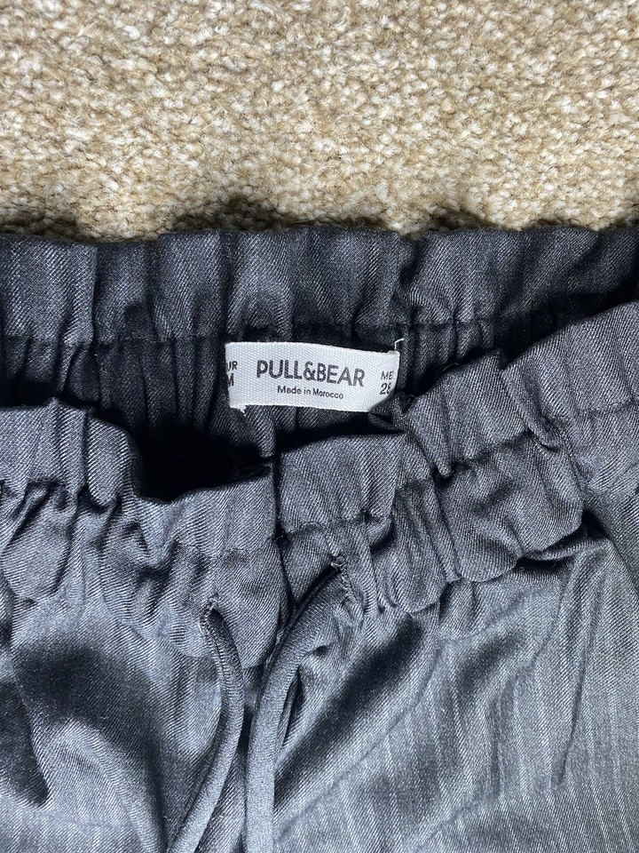 Pull & Bear Grey Pinstripe Paper Bag Trousers With Side Pockets, Size ...