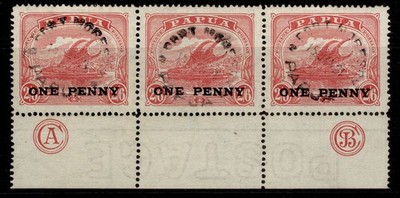 AUS - Papua (BNG) GV SG111, 1d on 2s 6d rose-carmine, FU STRIP x3 ...