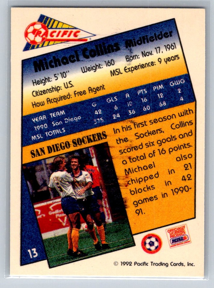 Michael Collins 1991-92 Pacific MSL Pro Soccer Hi Gloss San Diego ...