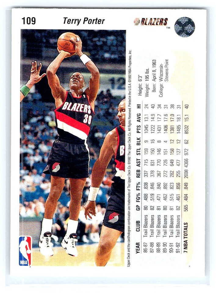 1992 Upper Deck Basketball #109 Terry Porter Portland Trail Blazers | eBay